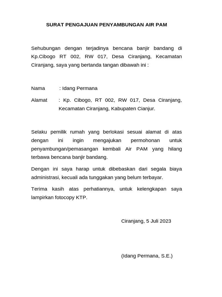 Surat Pengajuan Penyambungan Air Pam | PDF