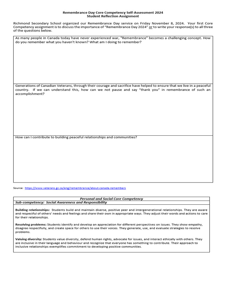 Remembrance Day 2024 Student Reflection | PDF