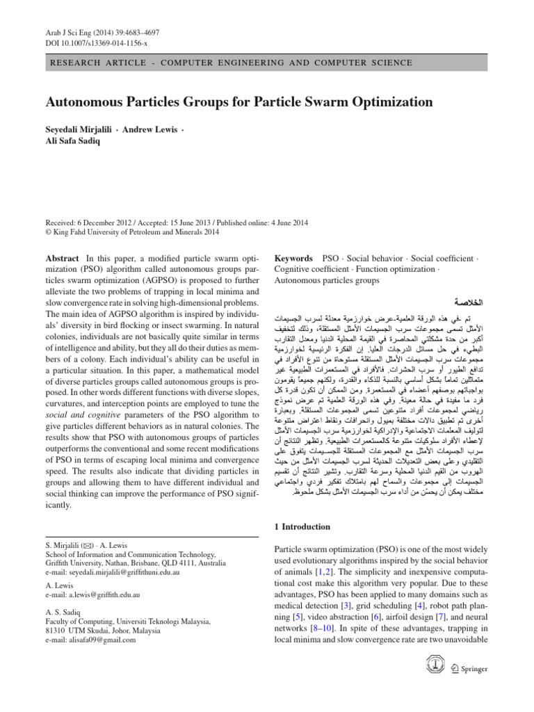 Autonomous Particles Groups For Particle Swarm Optimization: Seyedali Mirjalili Andrew Lewis Ali ...