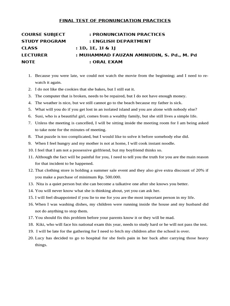 Final Pronunciation Test Guidelines | PDF