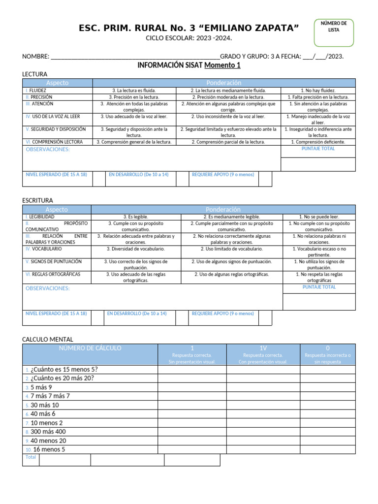 SisAT. FORMATO INDIVIDUAL ESC. EMILIANO Z. | PDF | Puntuación | Metodos de aprendizaje