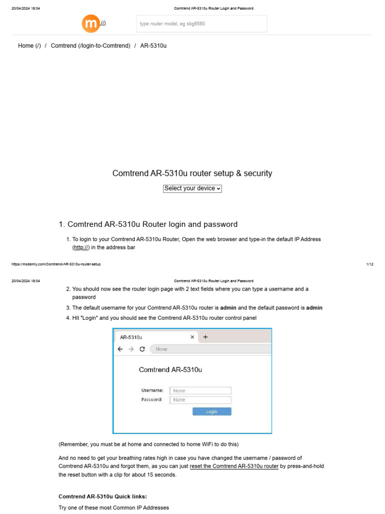 Comtrend AR-5310u Router Login and Password | PDF | Wi Fi | Password