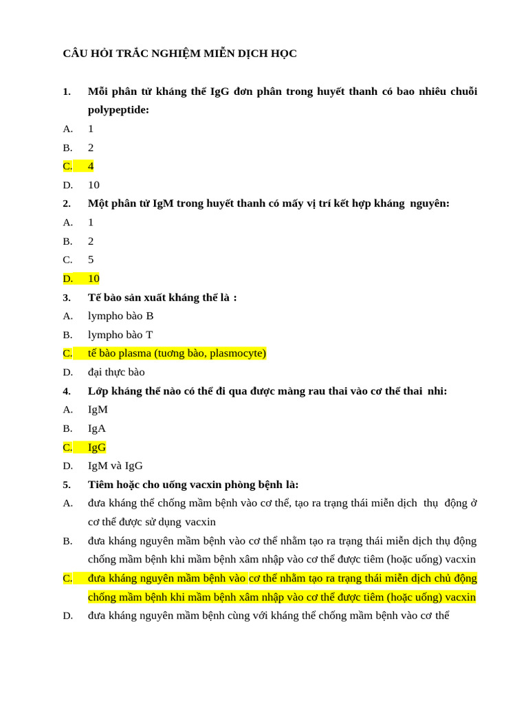 CÂU HỎI ÔN TẬP MIỄN DỊCH HỌC | PDF