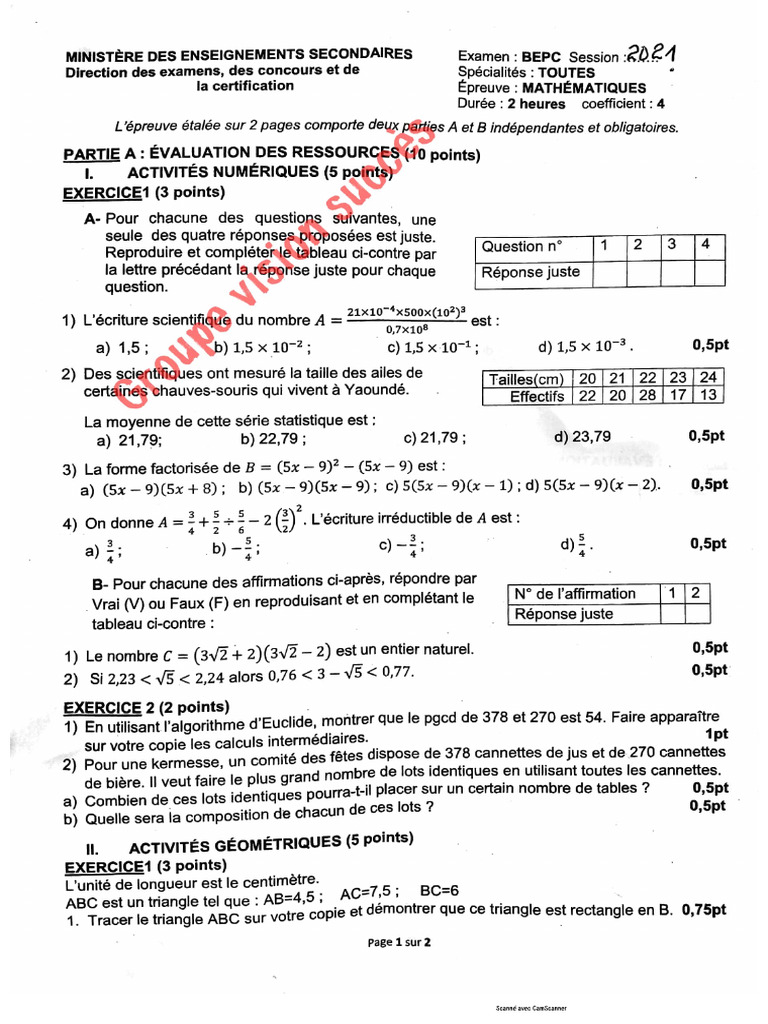 BEPC Maths 2021 | PDF