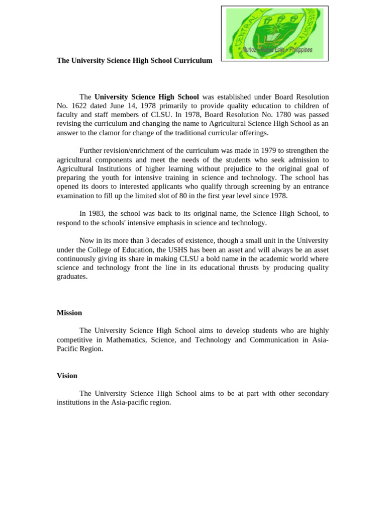 University Science High School Curriculum | PDF | Curriculum ...