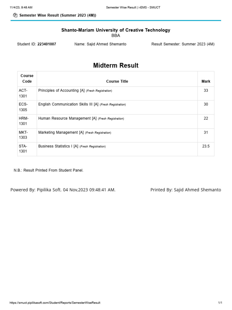 Midterm Result: Shanto-Mariam University of Creative Technology | PDF