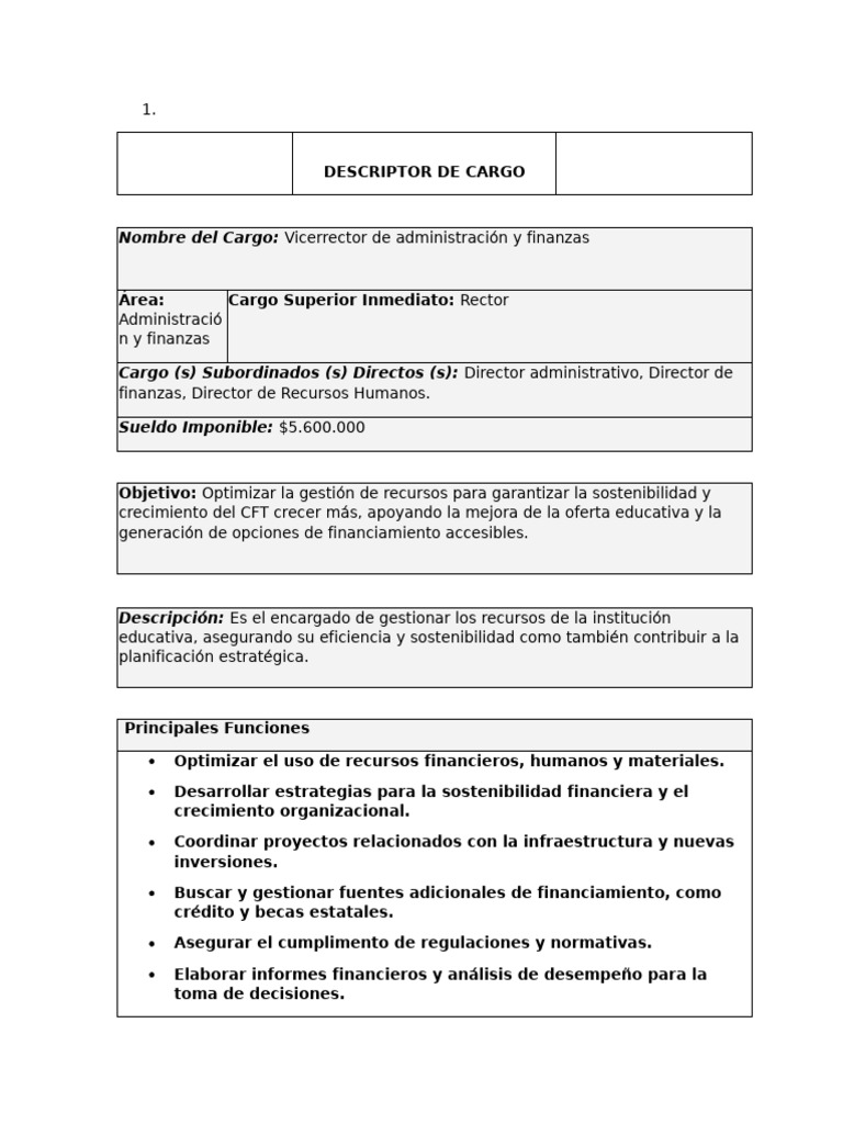 Descriptor de Cargo Vicerrector Administración y Finanzas | PDF | Planificación | Business