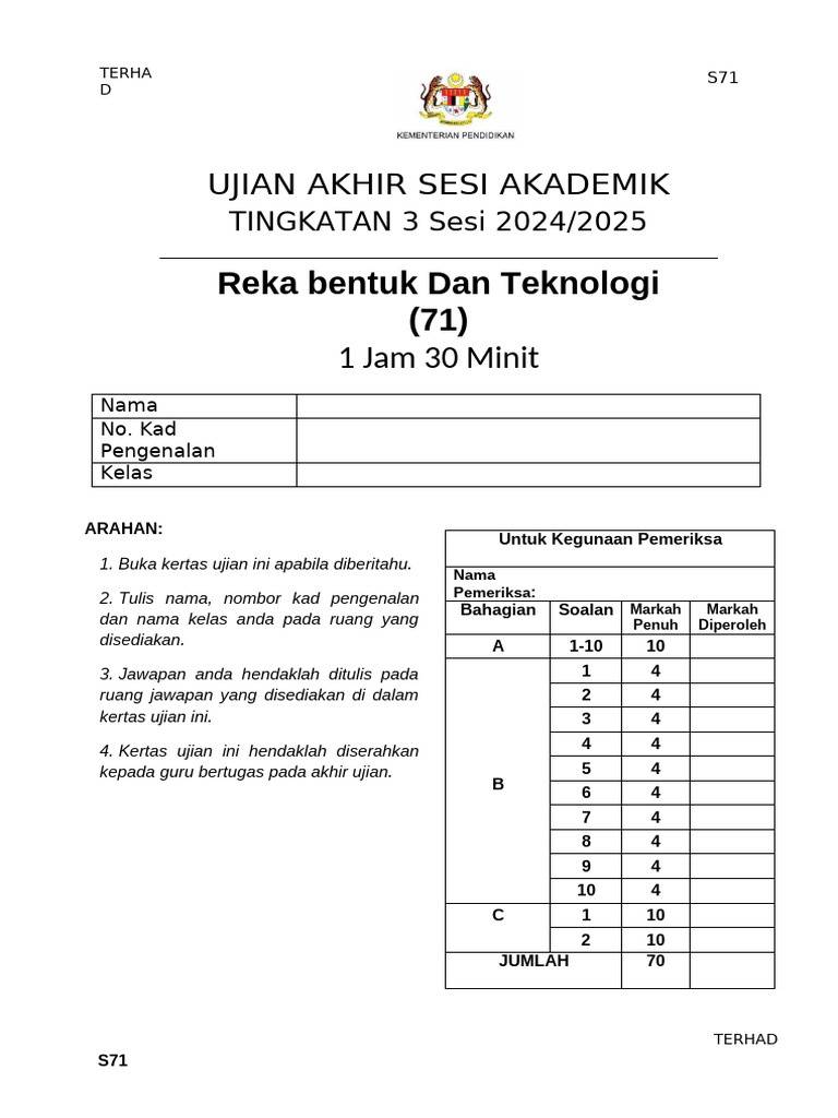 Muka Depan Kertas Uasa RBT Tingkatan 3 | PDF