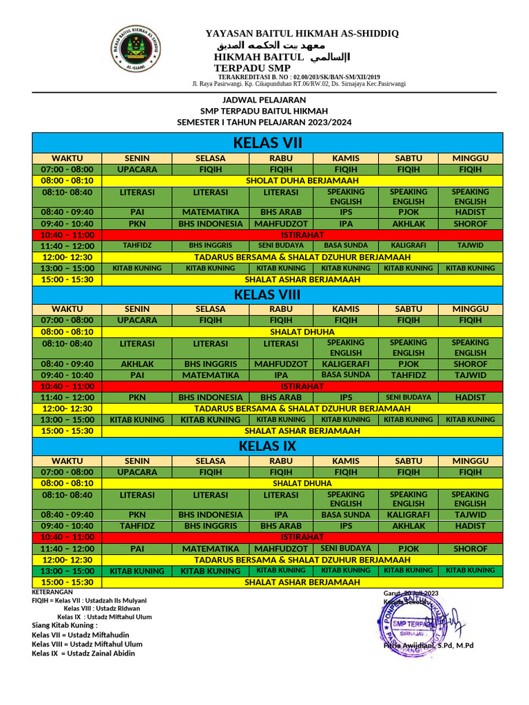 Jadwal Pelajaran SMP Baitul Hikmah 2023 | PDF