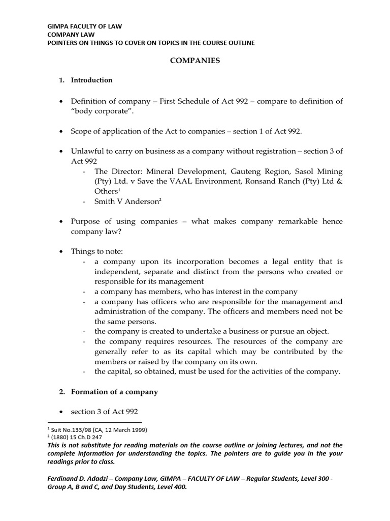 Reading Guide - Company Law 1 - Lectures 3 | PDF | Private Law | Justice