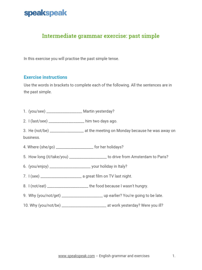Handout Exercise Inter Past Simple | PDF