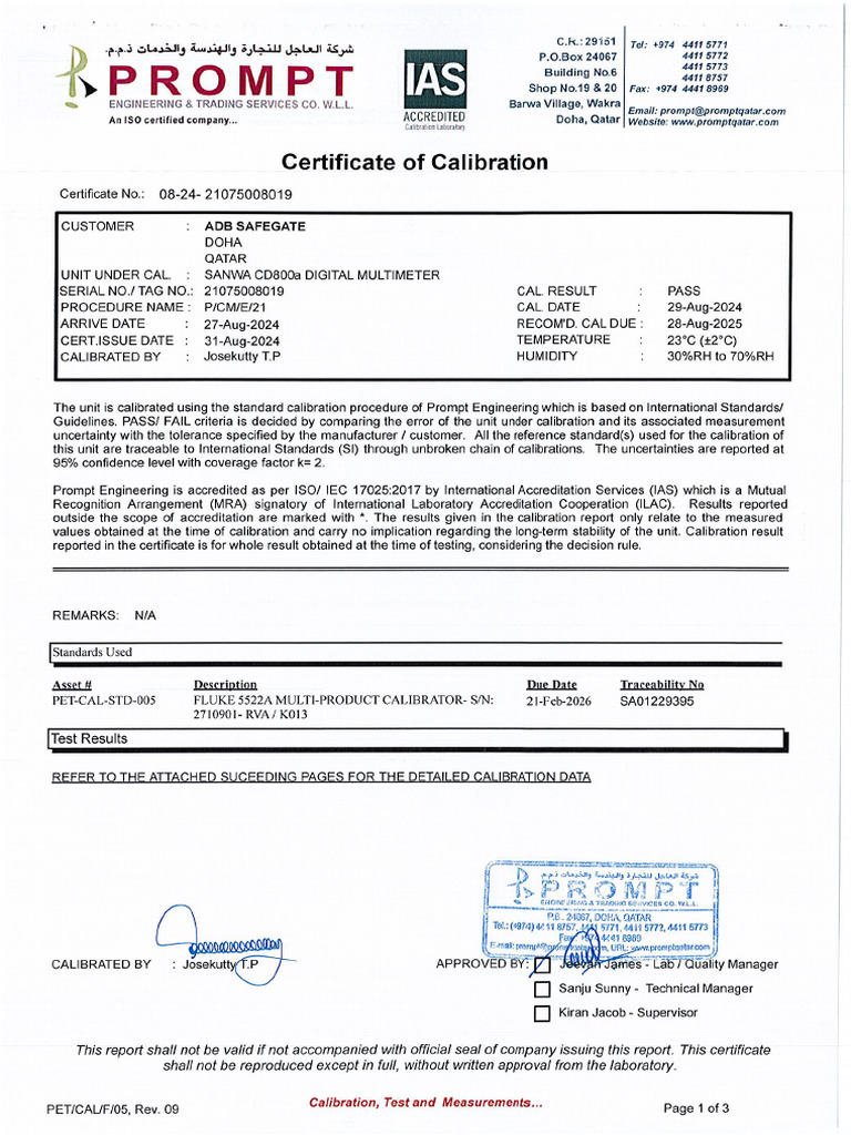Sanwa Digital Multimeter Calibration Certificate - 21075008019 | PDF