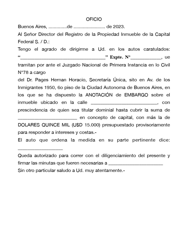 Modelo Oficio de Embargo | PDF | Finanzas y dinero