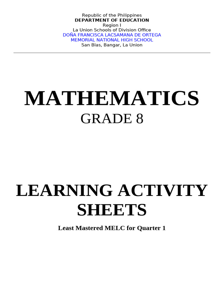DRAFT Learning Activity Sheet MATHEMATICS 8 2 | PDF | Equations | Multiplication