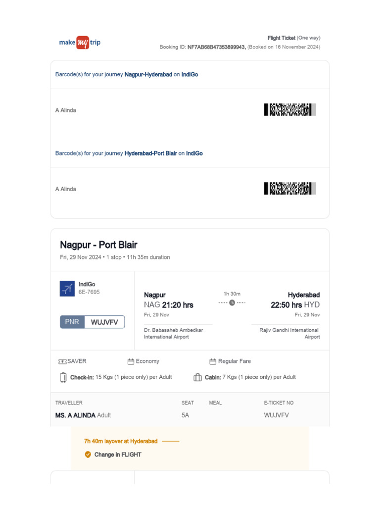 IndiGo Flight Ticket: Nagpur to Port Blair | PDF | Identity Document ...