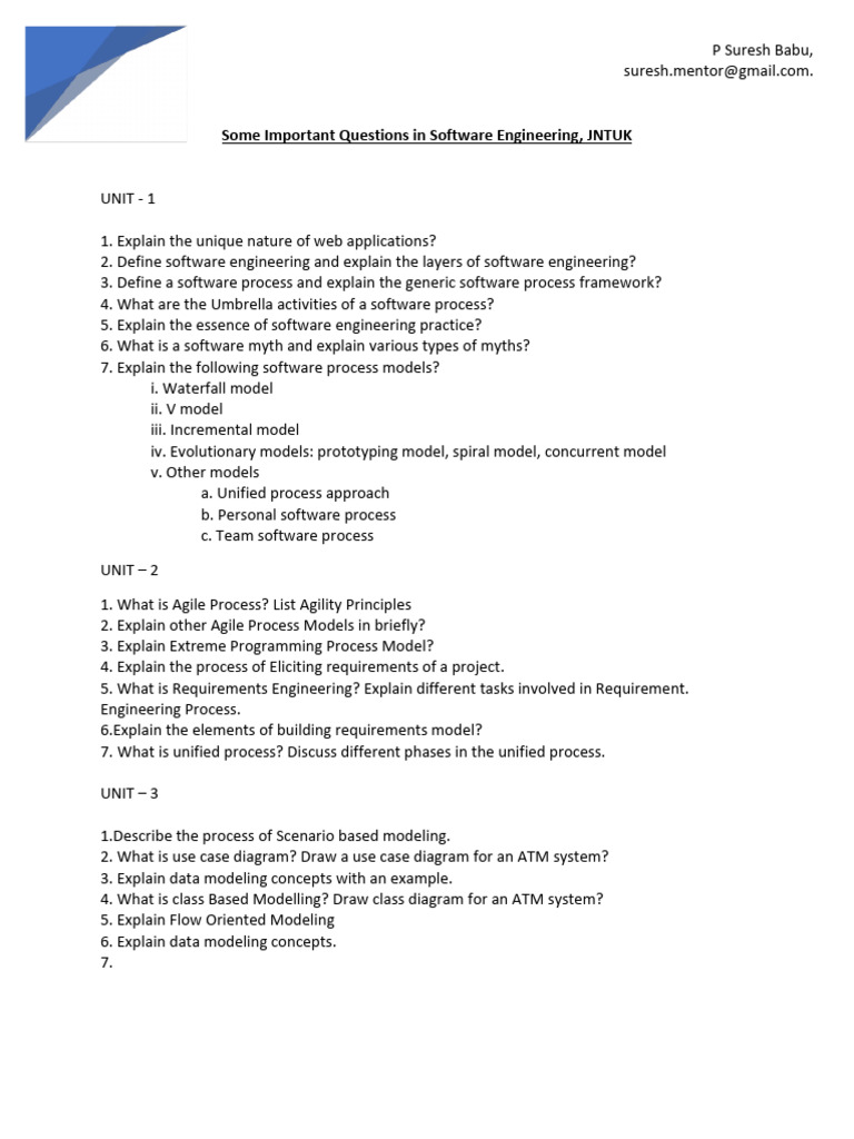 Some Important Questions in Software Engineering | PDF | Software Development Process | Software ...
