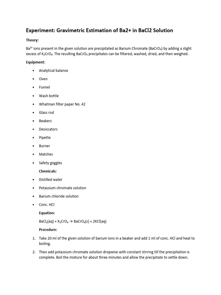 Gravimetric Estimation of Ba2+ in BaCl2 Solution | PDF | Precipitation (Chemistry) | Physical ...