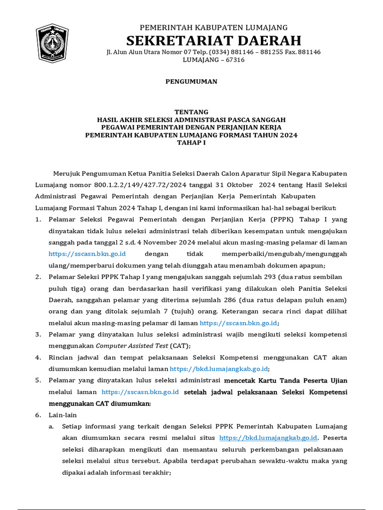 Pengumuman Hasil Akhir Seleksi Administrasi Pasca Sanggah PPPK Formasi Tahun 2024 Tahap I | PDF