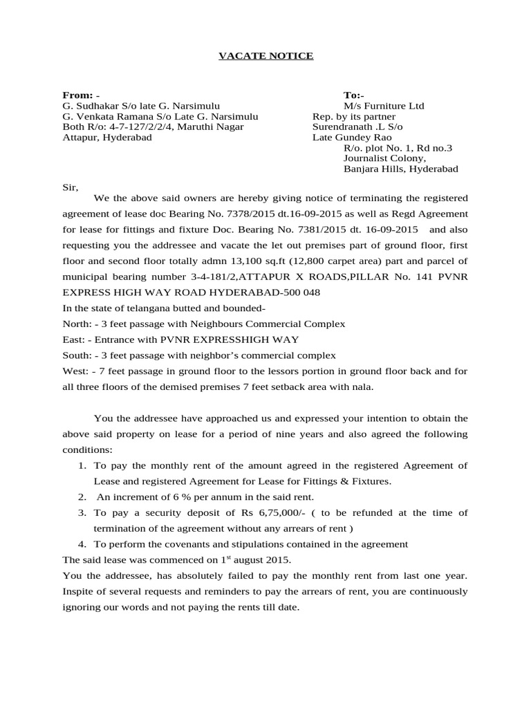 Vacte Notice FWD Ram Attapur Edit | PDF | Lease | Property