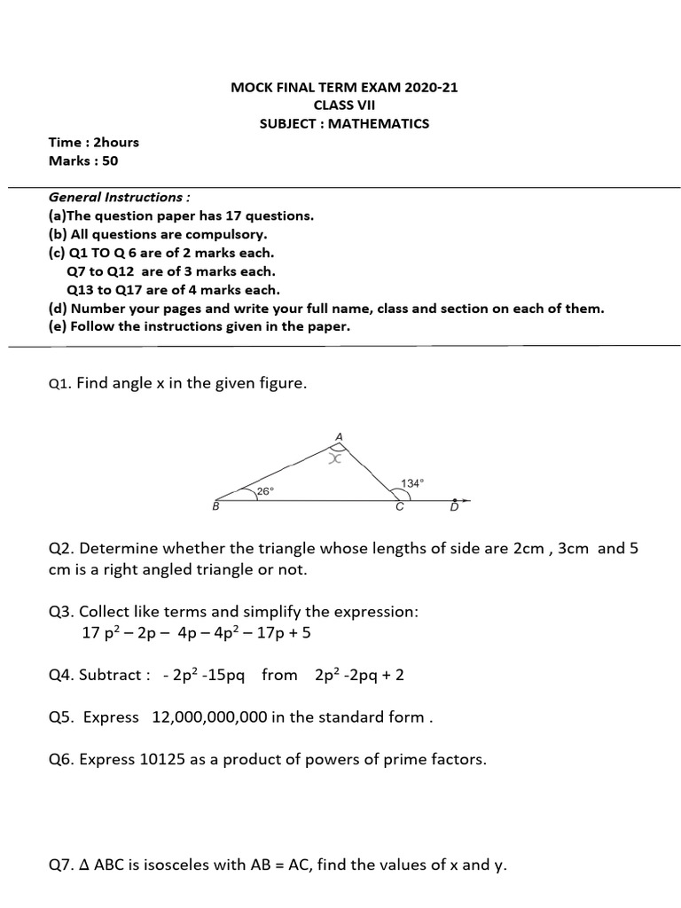 7 - MOCK PAPER FINAL TERM EXAM 2020-21 Class 7 | PDF