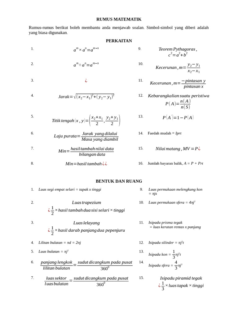 Rumus Matematik untuk Sekolah Menengah | PDF