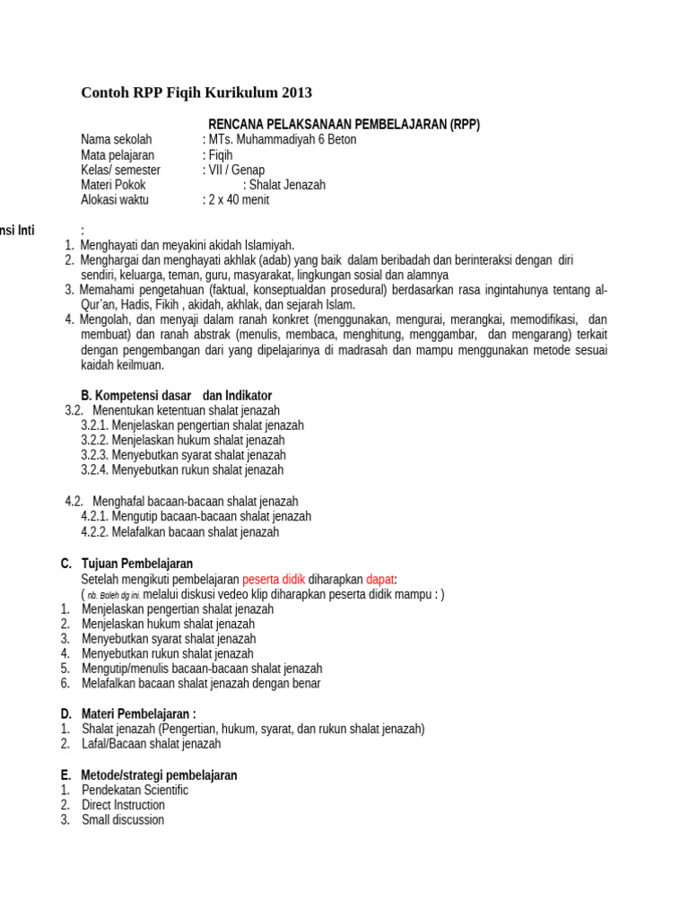 Contoh RPP Fiqih Kurikulum 2013 | PDF | Karier & Perkembangan | Seni ...
