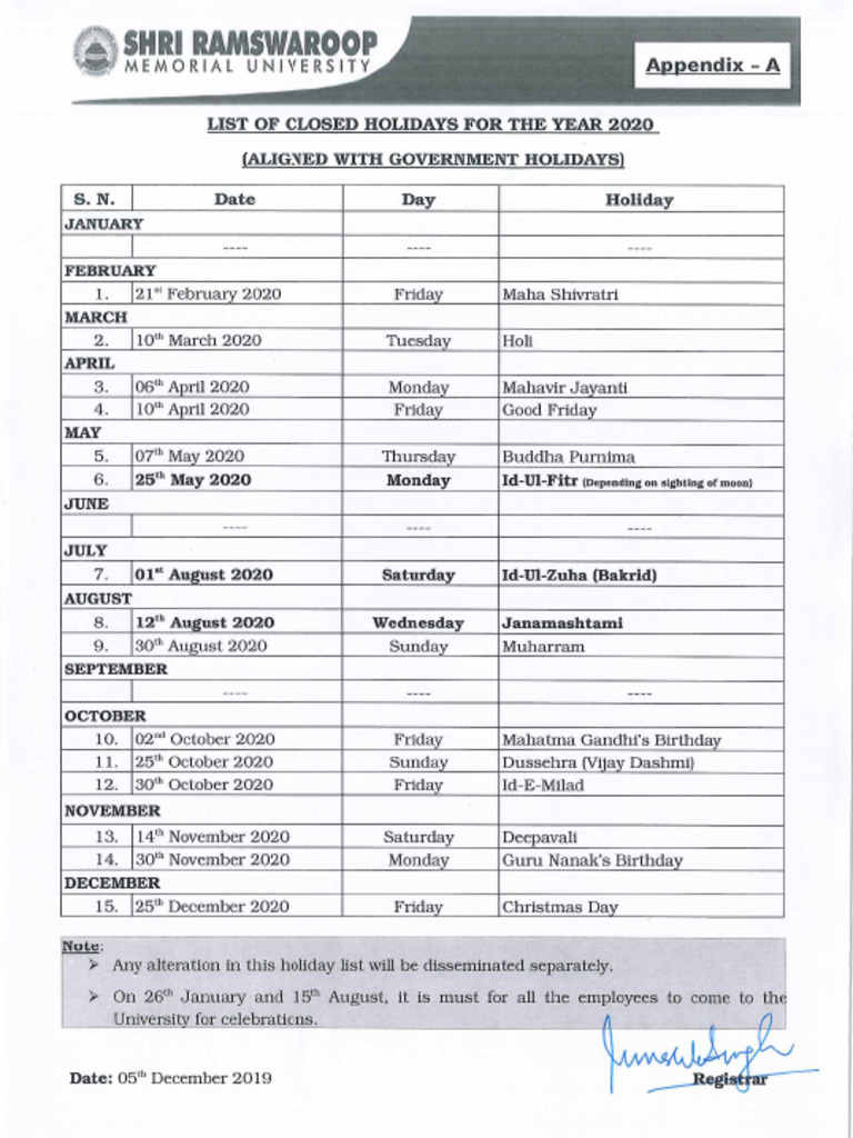 Holiday List | PDF