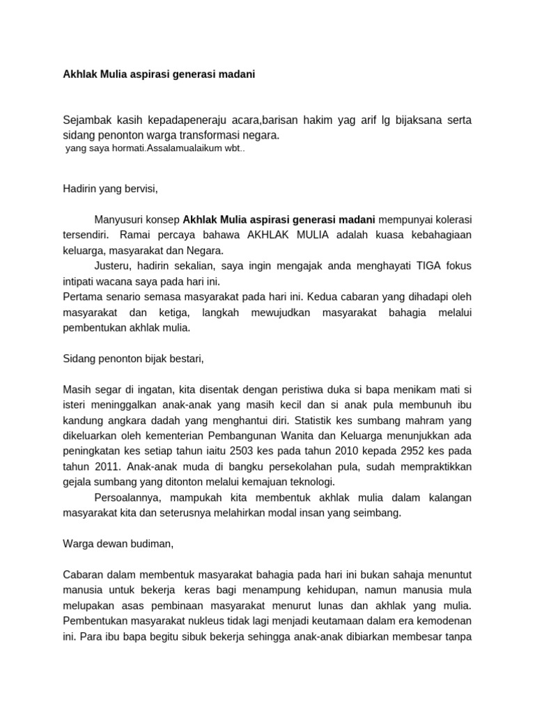 Teks Pidato Akhlak Mulia Masyarakat Sejahtera | PDF