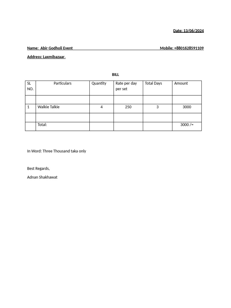 Abir Godhuli Event Management Bill | PDF