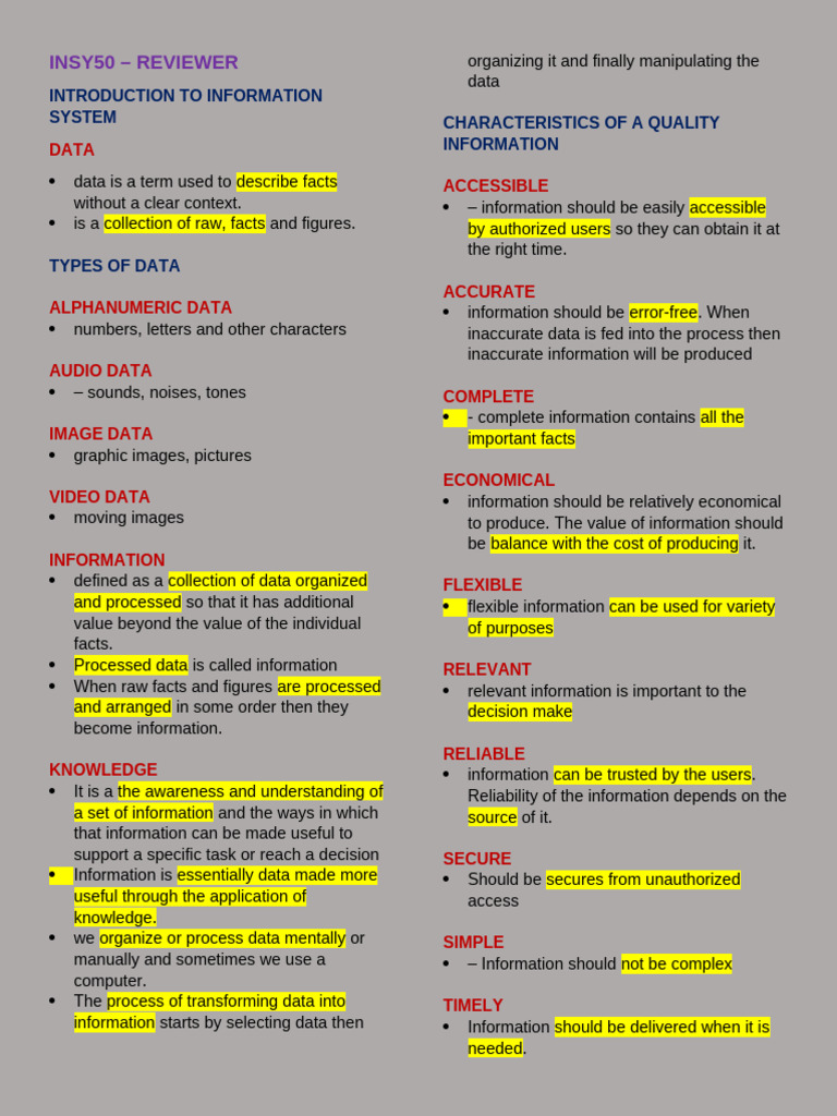 Insy50 - Reviewer | PDF | Information | Information System
