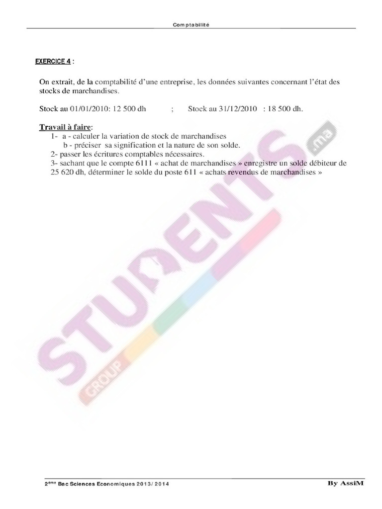 Exercice 4 La Régularisation Des Stocks Comptabilité Et Mathématiques Financières 2ème BAC ...