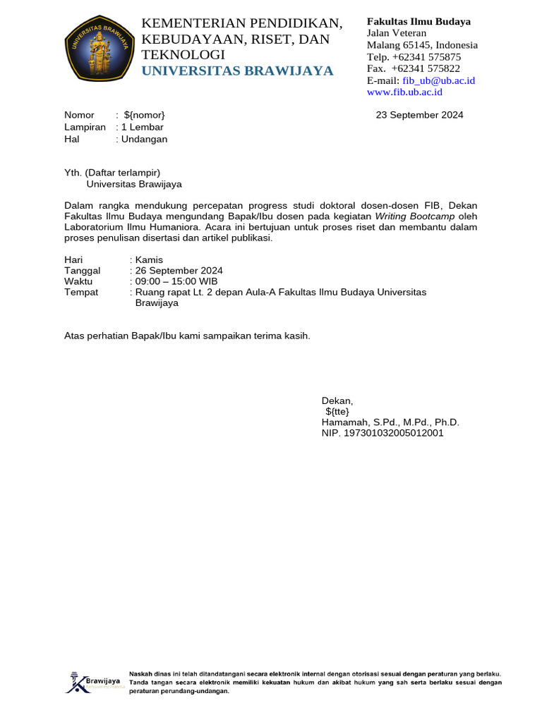 Surat Undangan Writing Bootcamp Dosen S3 FIB UB | PDF