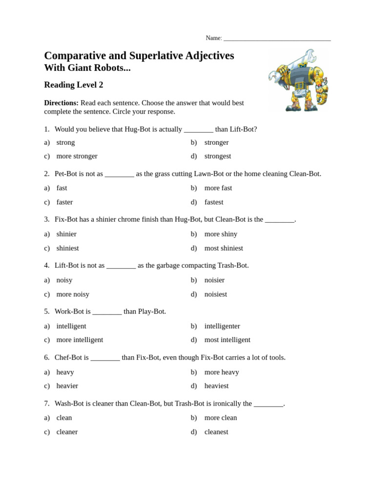 Comparative and Superlative Adjectives Worksheet Reading Level 02 1 ...