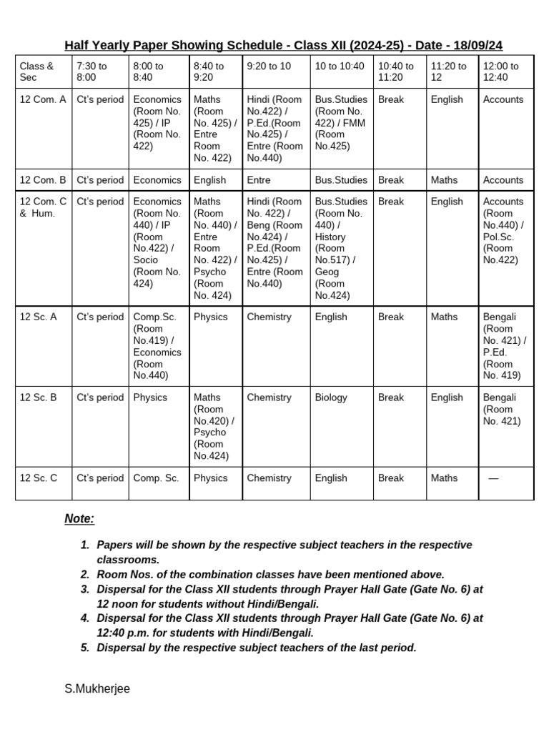 2024 - 12 - Half Yearly Paper Showing Schedule | PDF