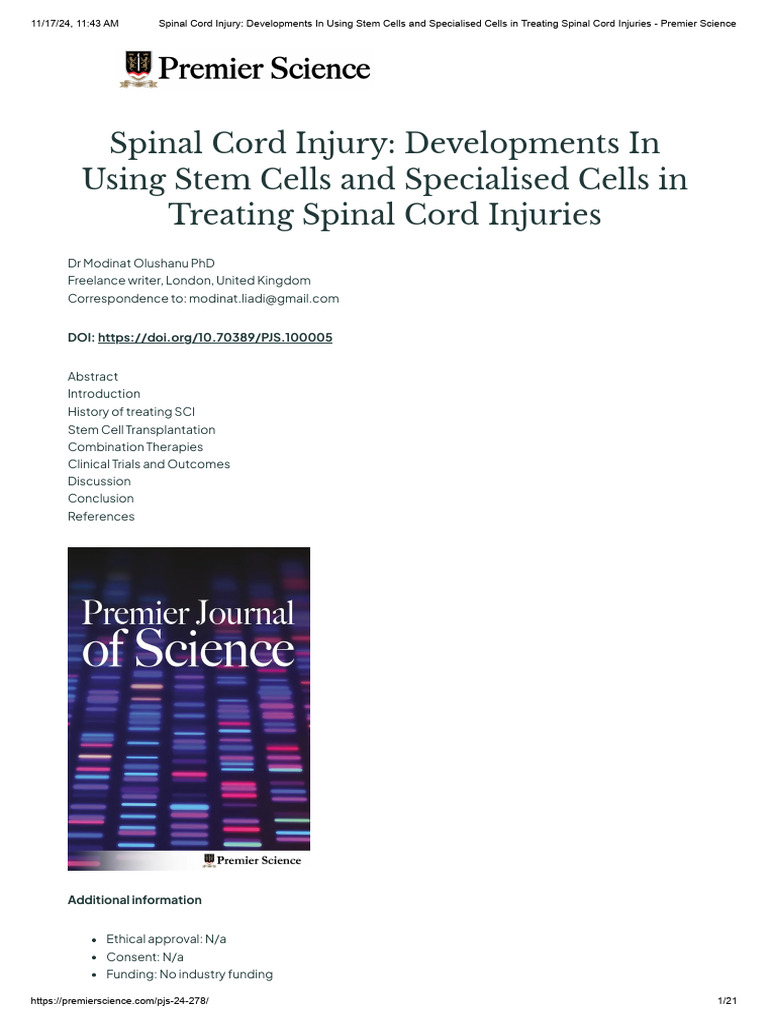 Spinal Cord Injury - Developments in Using Stem Cells and Specialised ...