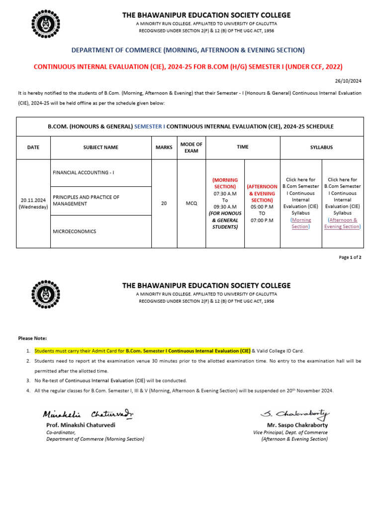 CIE Examination Notice Morning Afternoon Evening SEM I 2024 25 | PDF ...