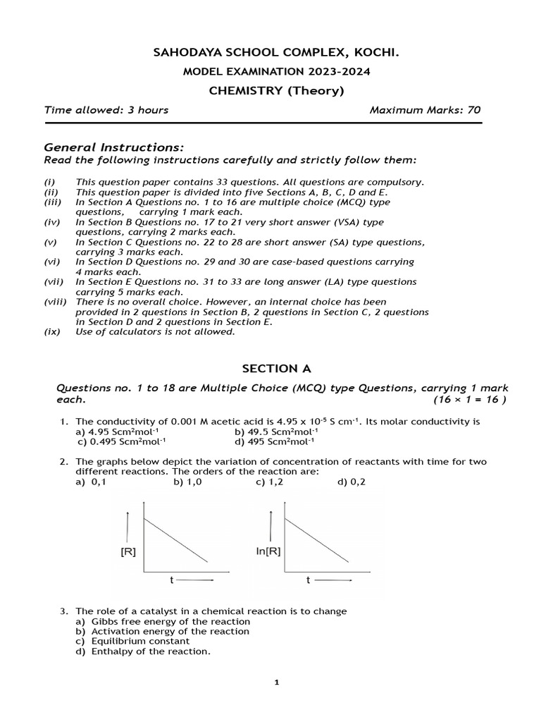 Class 12 Chemistry Model Exam 2024 | PDF | Chemical Reactions | Organic ...