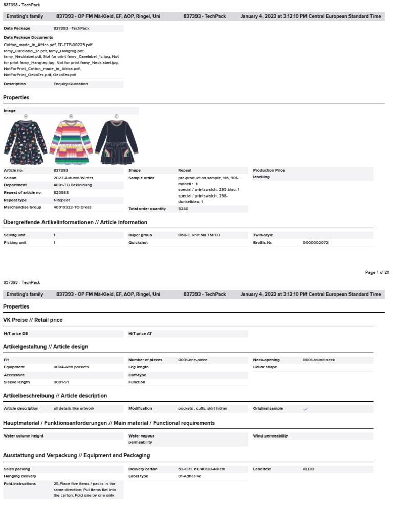 OP FM Mä-Kleid, EF, AOP, Ringel, Uni-837393 - TechPack-en | PDF | Knitting | Textiles