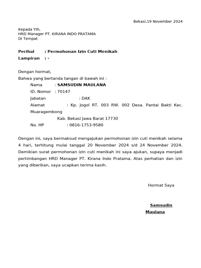 Surat Izin Cuti Menikah | PDF