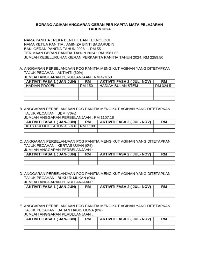 Borang Anggaran Belanja Panitia 2024 | PDF