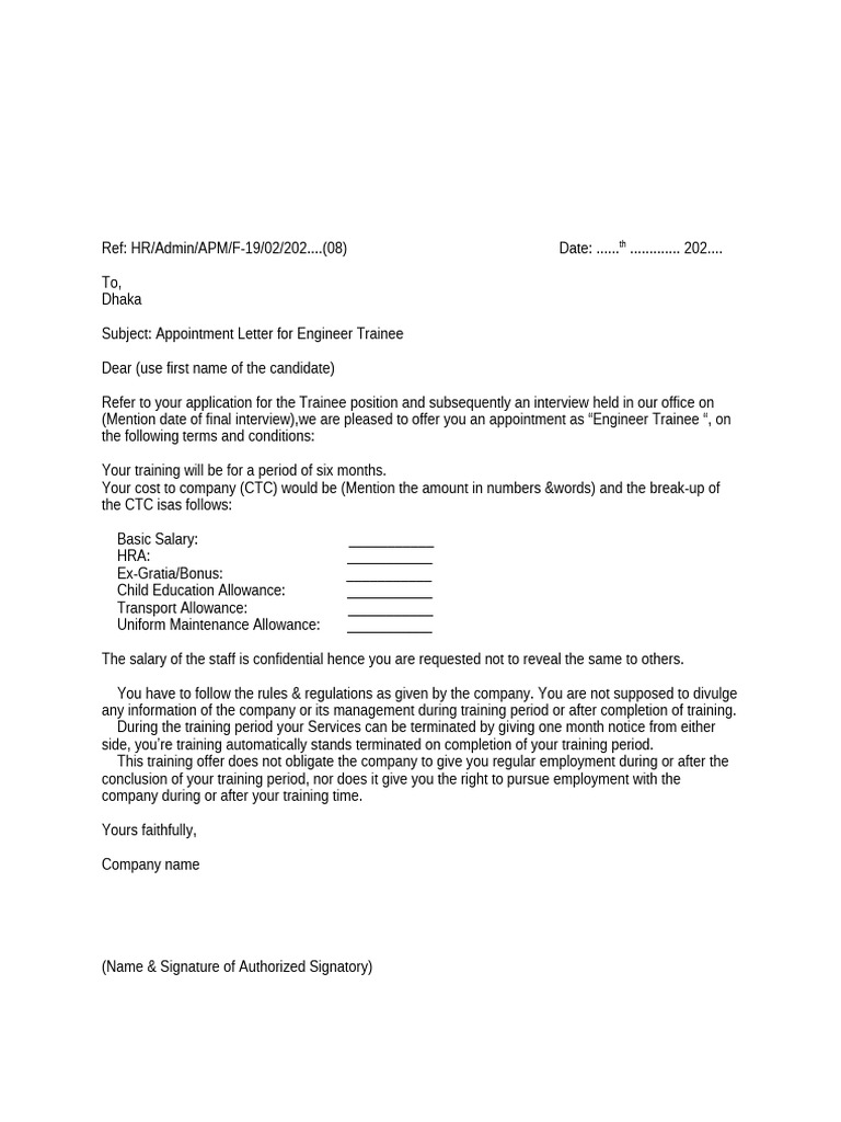 Appointment Letter - Engineer Trainee | PDF