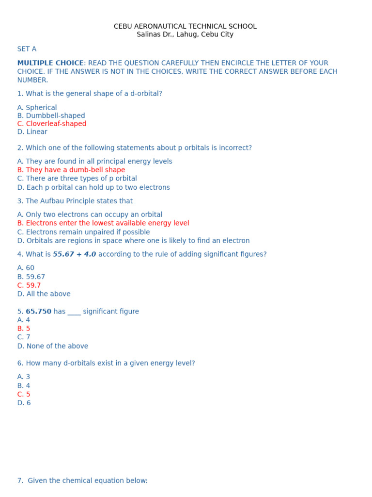 Mock Exam Answer Key - Set A | PDF | Ion | Chemical Reactions