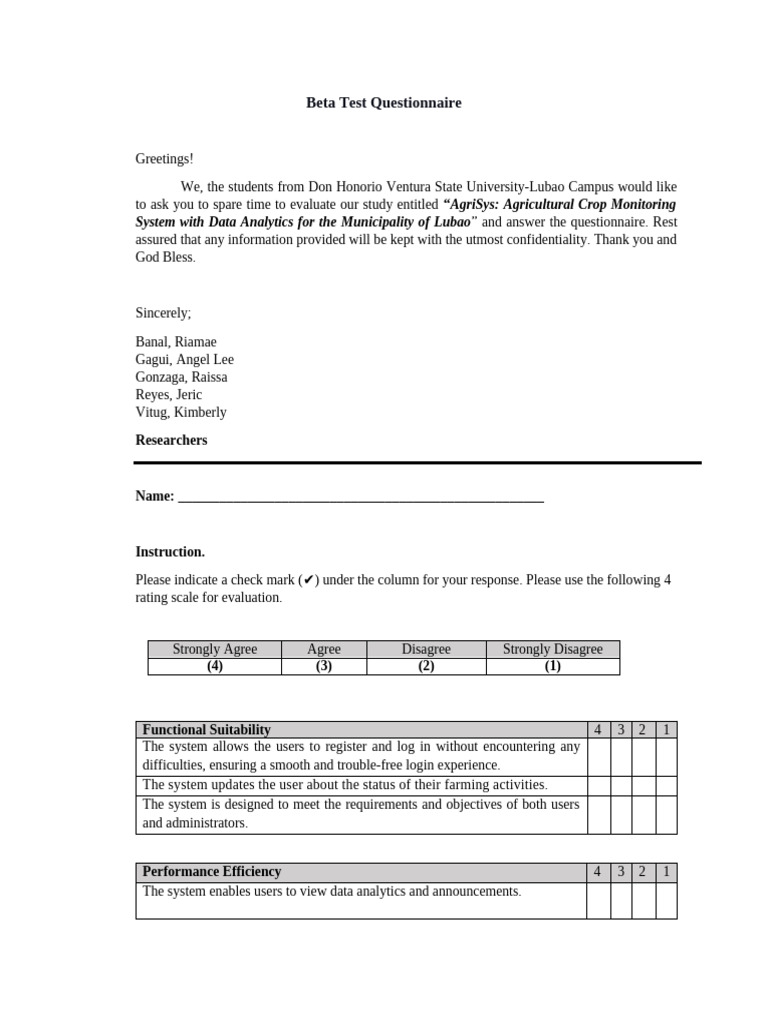 Beta Test Survey for AgriSys System | PDF | User (Computing) | Usability