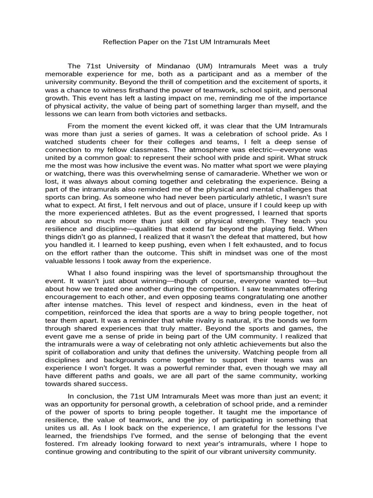 Reflection Paper On The 71st UM Intramurals Meet | PDF | Psychology ...