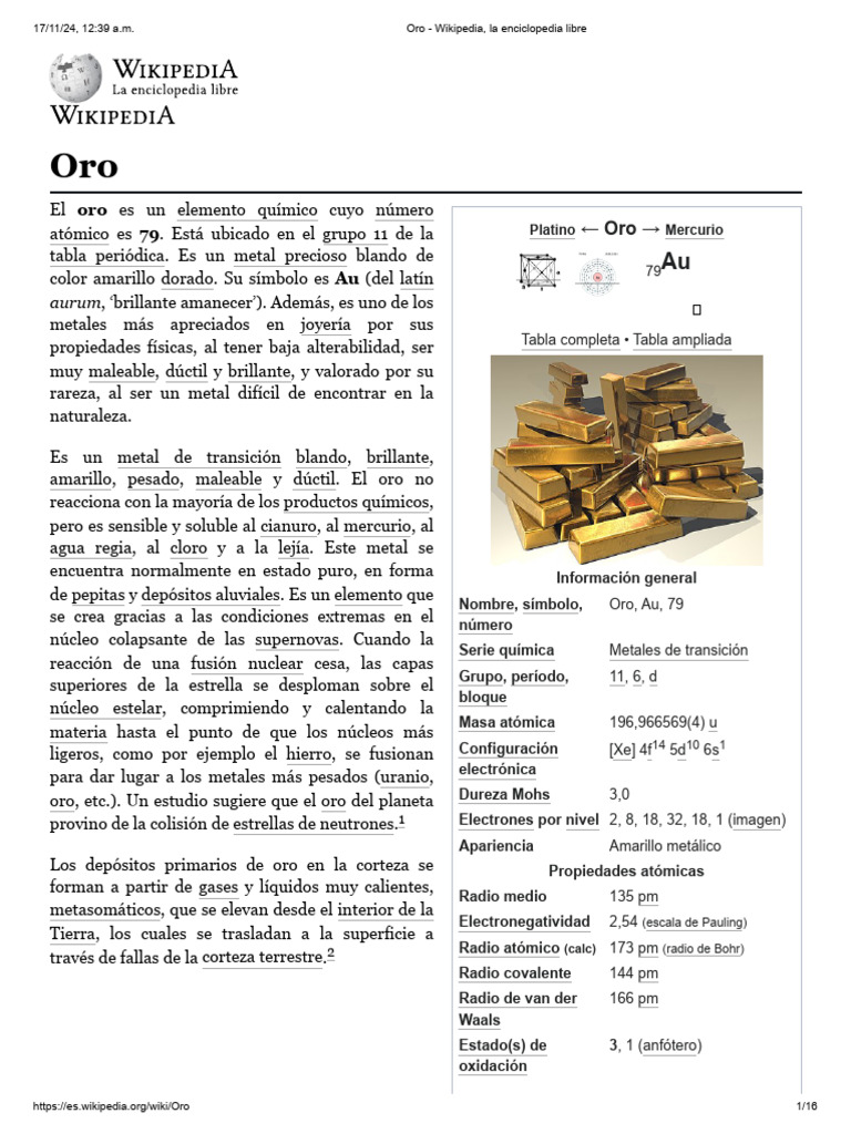 Oro - Wikipedia, La Enciclopedia Libre | PDF | Oro | Materiales