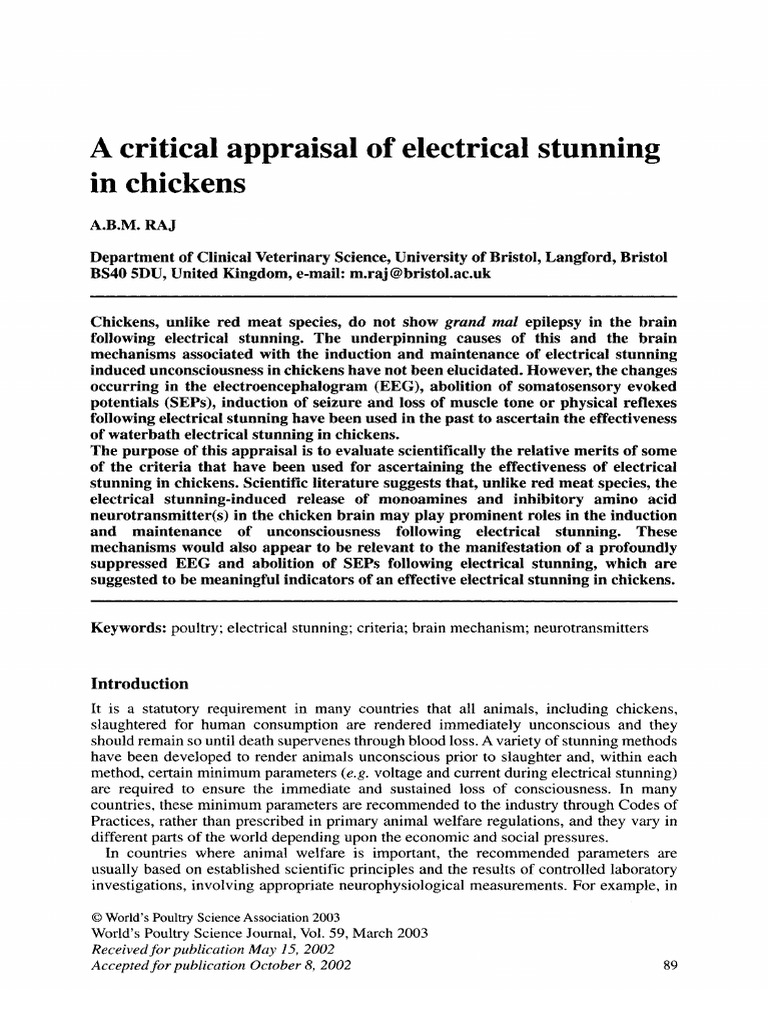 2003-A Critical Appraisal of Electrical Stunning in Chickens-Raj | PDF ...