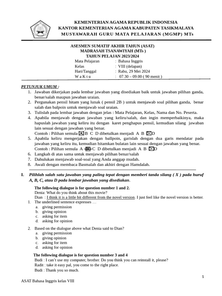 7 SOAL ASAT B. Inggris Kls 8 2024 | PDF