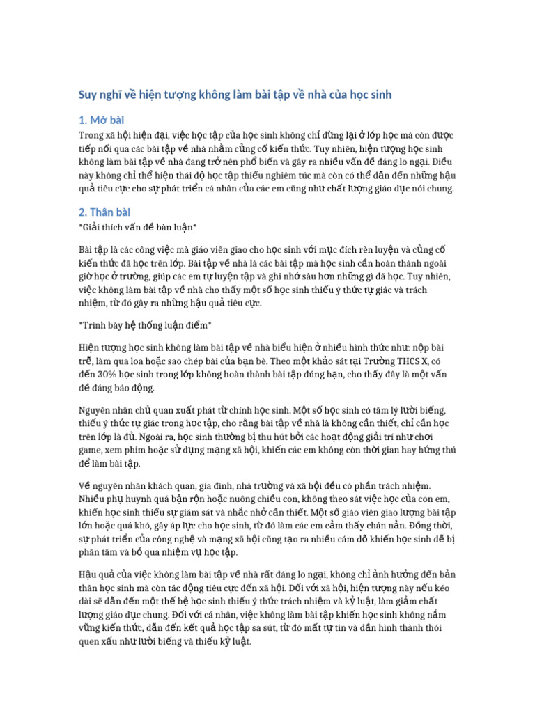 Suy Nghi Ve Hien Tuong Khong Lam Bai Tap Ve Nha | PDF