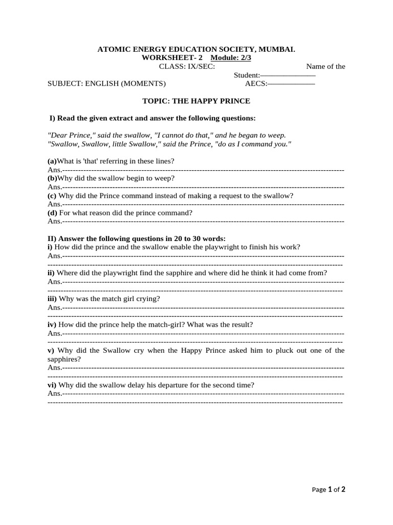 Happy Prince Worksheet for Class IX | PDF