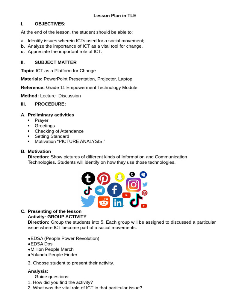 Lesson Plan in ICT AS A PLATFORM FOR CHANGE | PDF | Computers